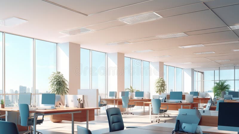 Airy Office Interior with Skyline Views and Ample Sunlight. Concept of ...