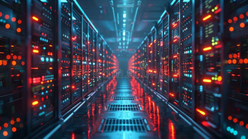 Illuminated Data Center Servers at Night Stock Image - Image of ...