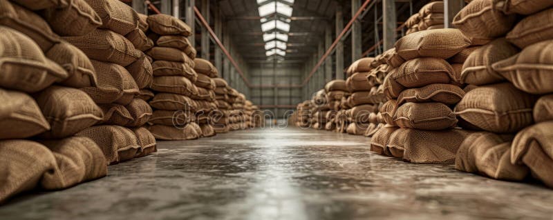 Aisle of Burlap Sacks in a Warehouse with Stacks and Industrial ...