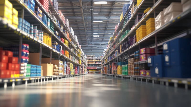 Aisle in a Large Warehouse with Rows of Products on Shelves Stock ...