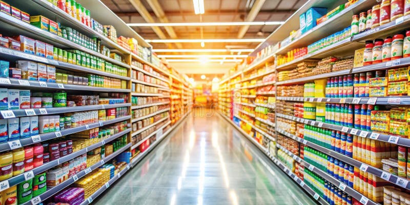 Aisle of Vibrant Packaged Goods in a Well-lit Supermarket. Generative ...