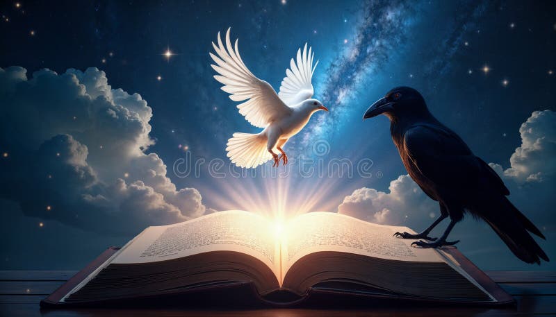 Akashic Records with Dove and Crow Under a Starry Night Sky Stock ...