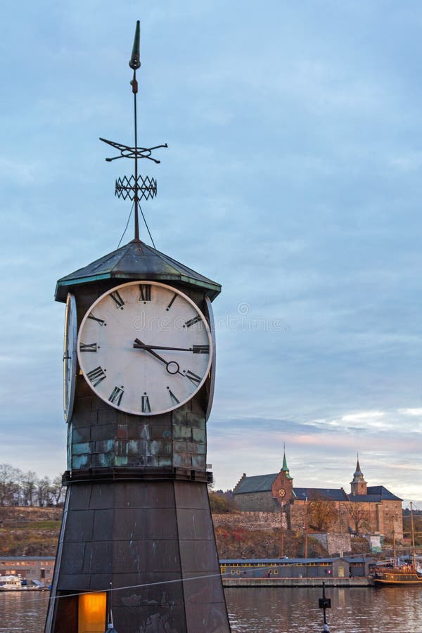Aker Brygge Clock stock image. Image of arrow, structure - 164351079