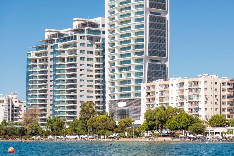 Akti Olympion B Beach and Limassol Cityscape. Cyprus Stock Image ...