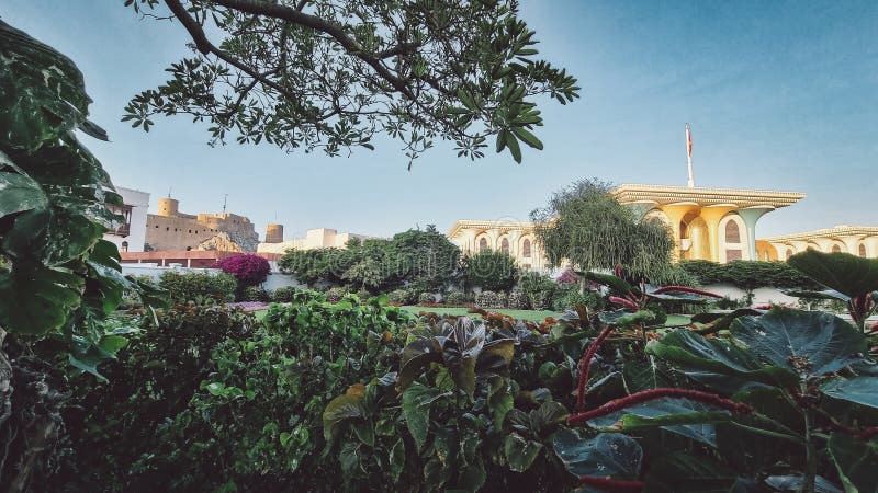 Al Alam Palace Square, Captured through the Lush Green Foliage Stock ...