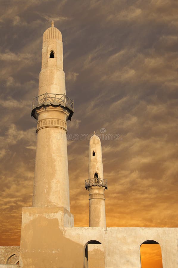 Twin Minarets with Ruins of Khamis Mosque, Bahrain Stock Photo - Image ...