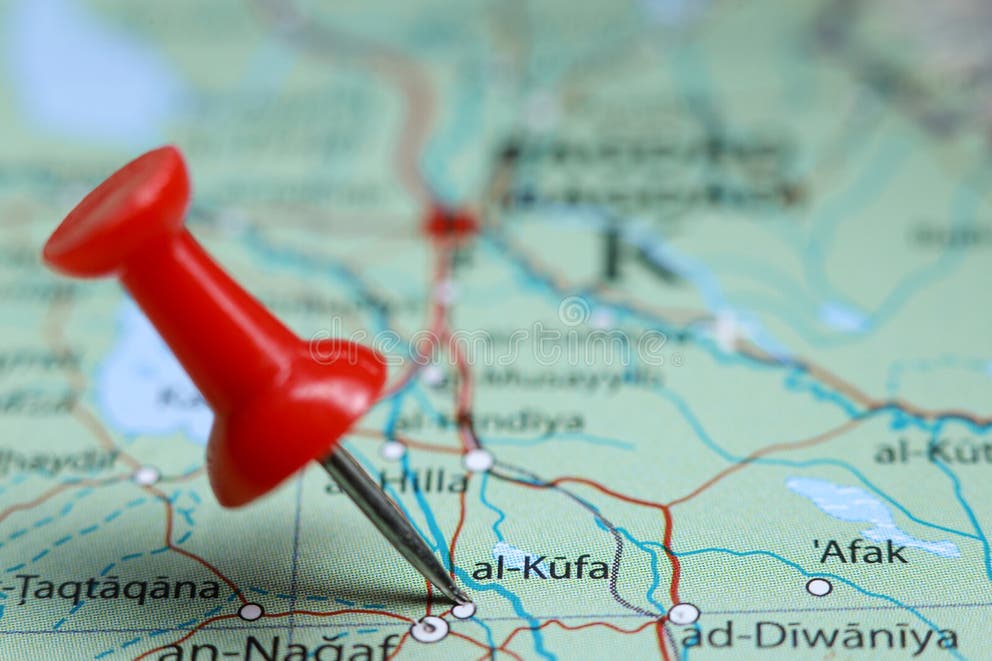 Al Kufa, Iraq pin on map stock photo. Image of macro - 372797226