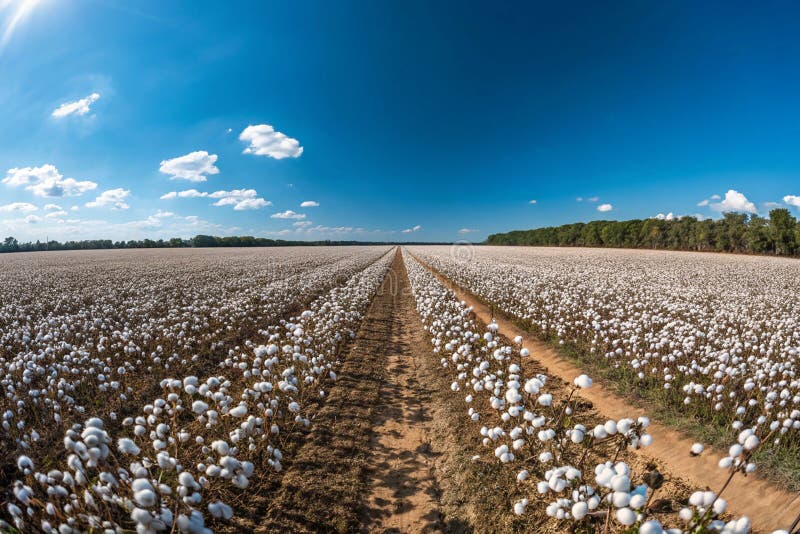 Alabama Cotton Field. Fish Eye View of a Large Cotton Field with Blue ...