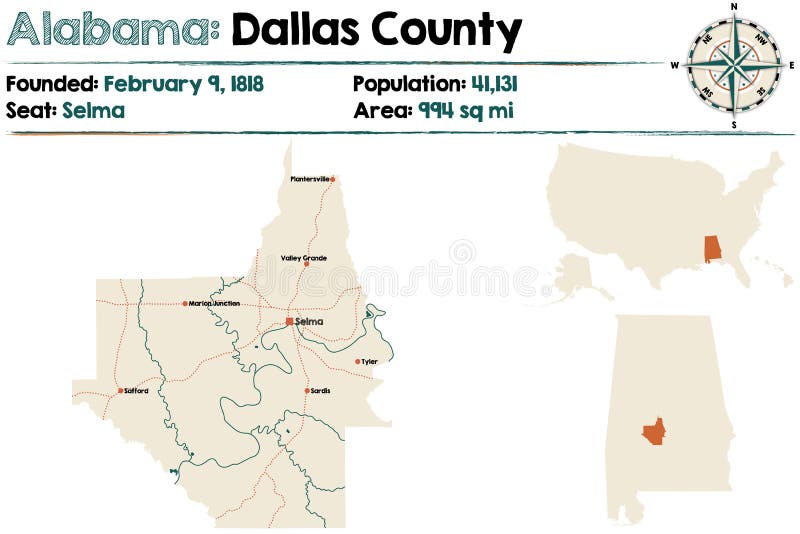 Map of Dallas County in Alabama Stock Vector - Illustration of city ...