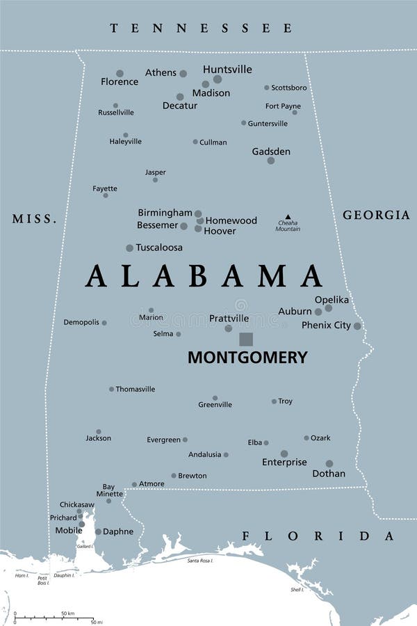 Alabama, AL, Gray Political Map, US State, the Yellowhammer State Stock ...