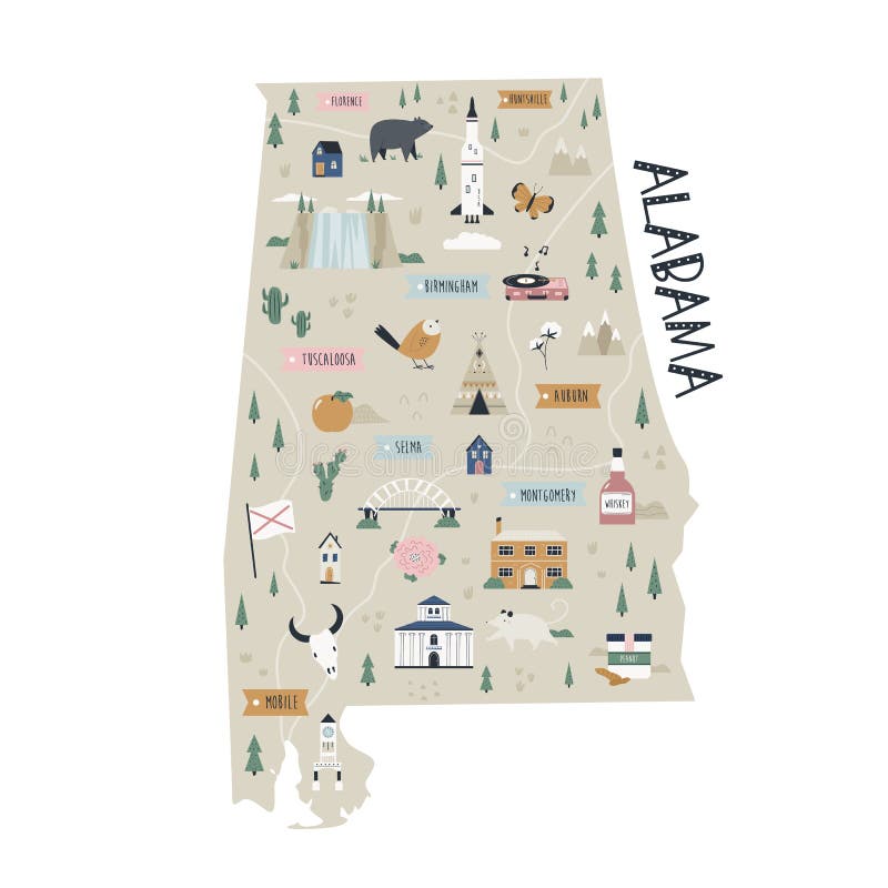 Alabama Map State with Landmarks and Symbols. Stock Vector ...