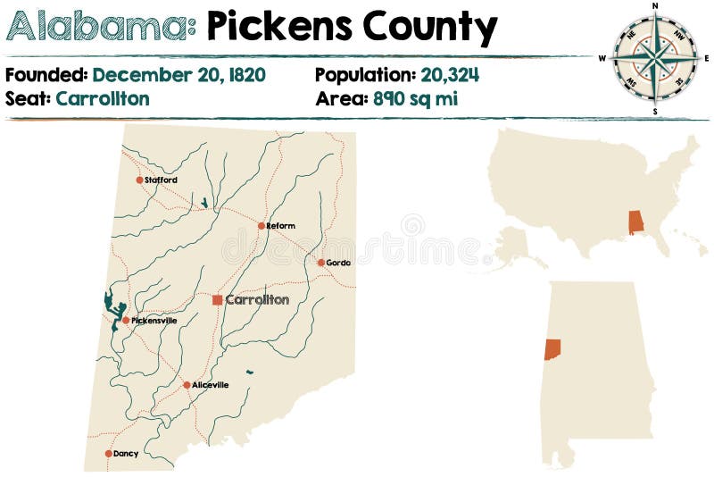 Map of Pickens County in Alabama Stock Vector - Illustration of american, signs: 147915559