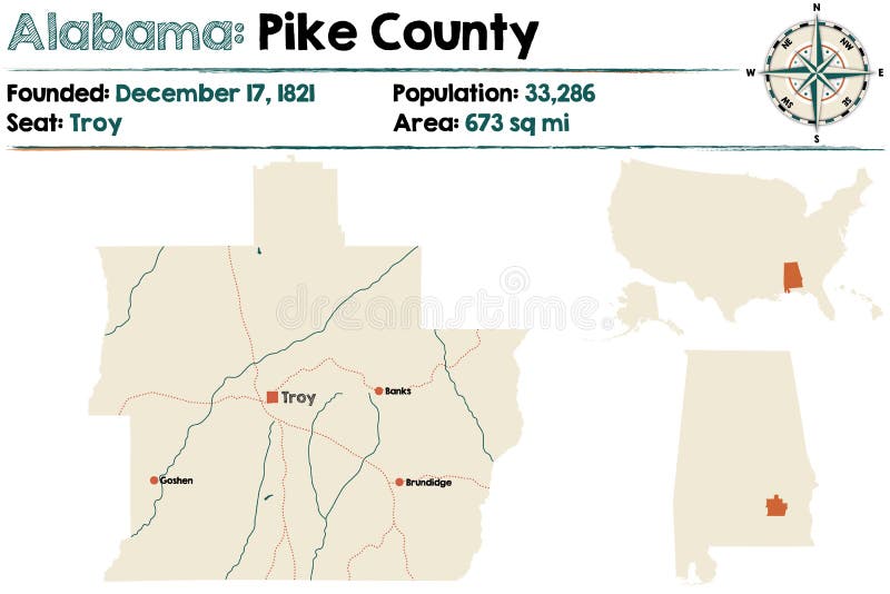 Alabama: Pike county map stock vector. Illustration of highway - 94072201