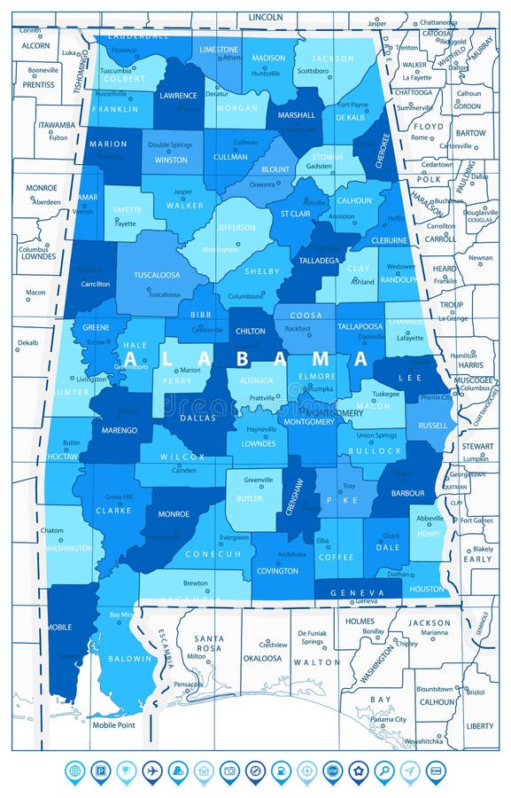 Alabama State Map in Colors of Blue and Map Pointers Stock Vector ...
