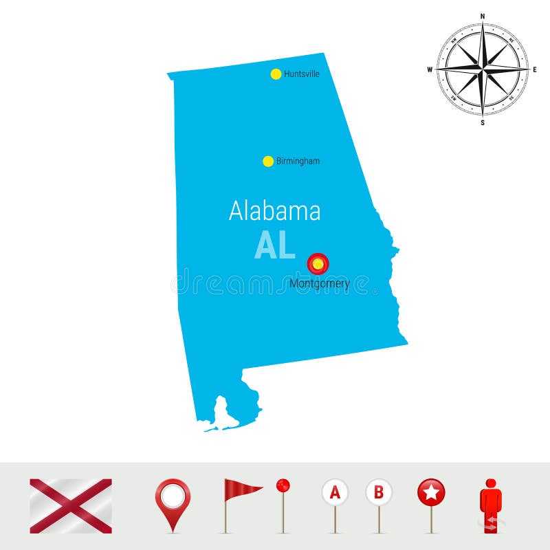 Alabama Vector Map, Night View. Compass Icon, Map Navigation Elements ...