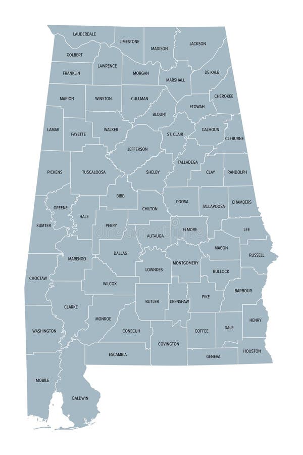 Alabama, U.S. State, Subdivided into 67 Counties, Gray Political Map ...