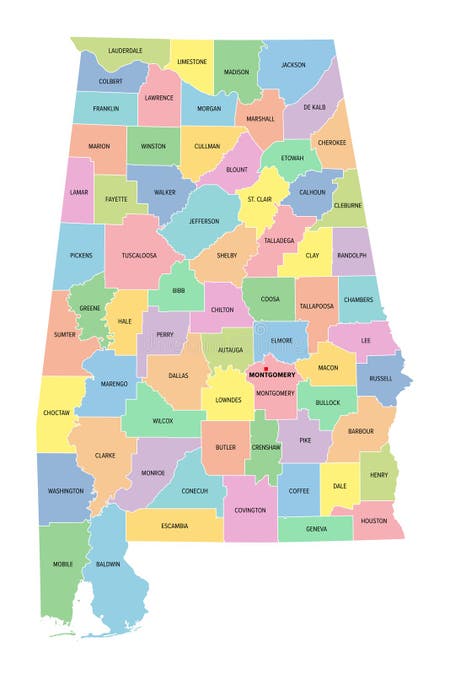 Alabama, U.S. State, Subdivided into 67 Counties, Multi Colored Map ...