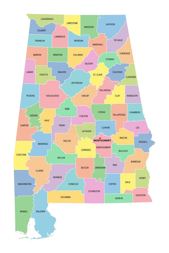 Alabama, U.S. State, Subdivided into 67 Counties, Multi Colored Map ...