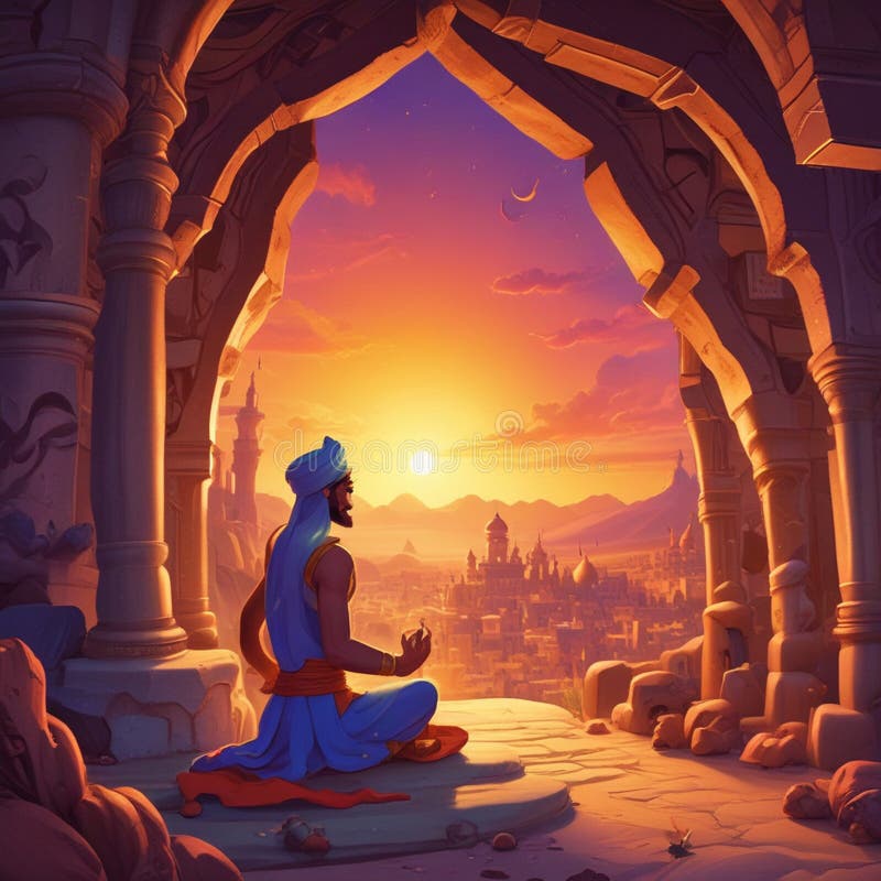 Aladdin in the cave stock illustration. Illustration of sunset - 329423771