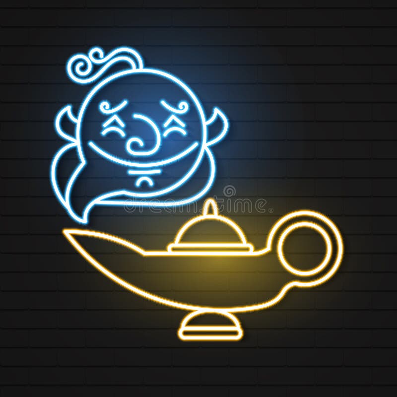 Aladdin and the Magic Lamp Neon. Vector Genie of Aladdin`s Magic Stock ...