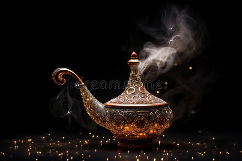Aladdins Mysterious Lamp with Glowing Fire and Smoke on a Dark Magical ...