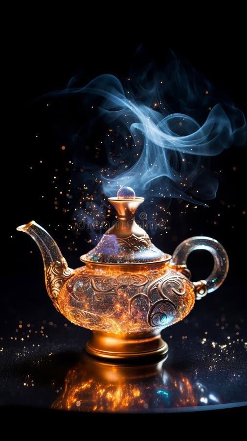 Aladdins Mysterious Lamp with Glowing Fire and Smoke on a Dark Magical ...