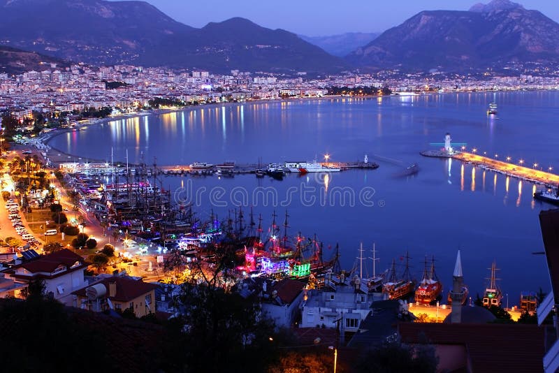 Alanya Harbour Turkey at Night Stock Image - Image of landscape, beach ...