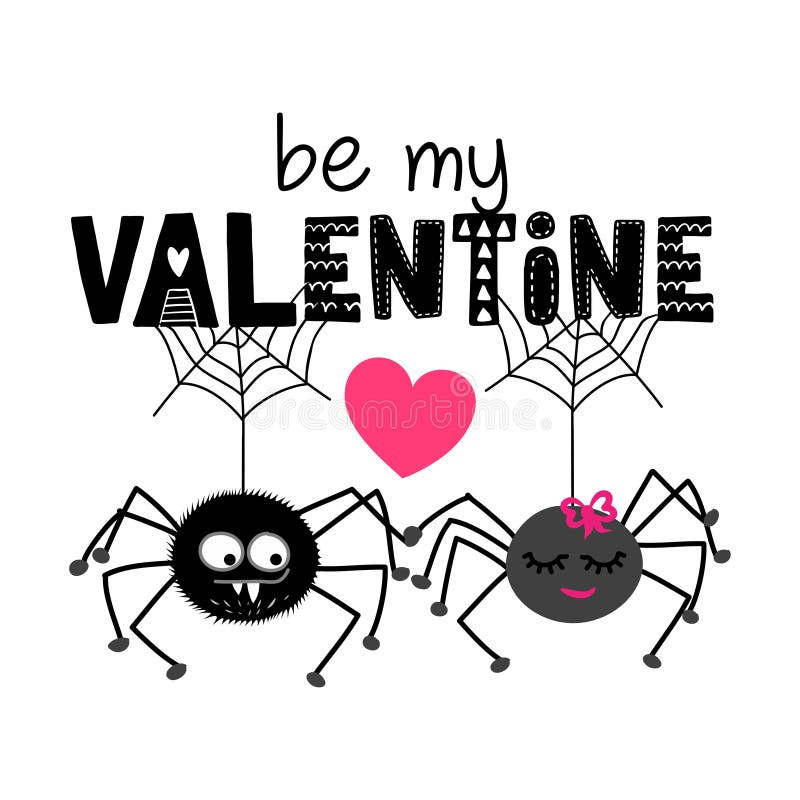 Be My Valentine, 2 Hanging Spiders in Love - Doodle Character Stock ...