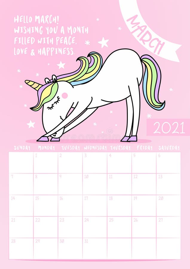 2021 March Calendar with Calligraphy Phrase and Unicorn Doodle Stock ...