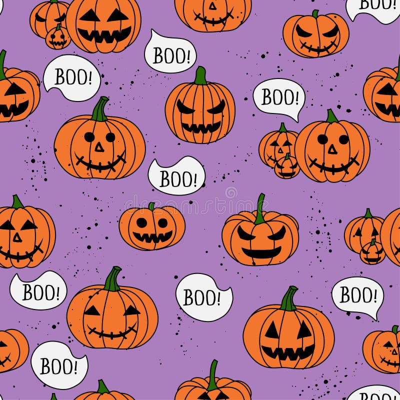 Cute Pumpkins Seamless Pattern with Boo Text for Halloween Stock Vector ...