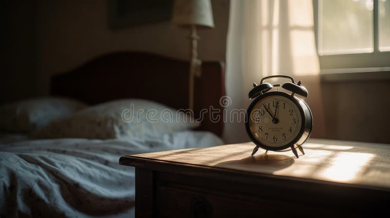 Alarm Clock on Bedside Table. Generative AI Stock Illustration ... Alarm Clock on Bedside Table. Generative AI Stock Illustration ...