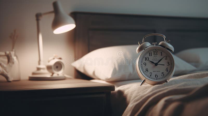 Alarm Clock on Bedside Table. Generative AI Stock Illustration ... Alarm Clock on Bedside Table. Generative AI Stock Illustration ...