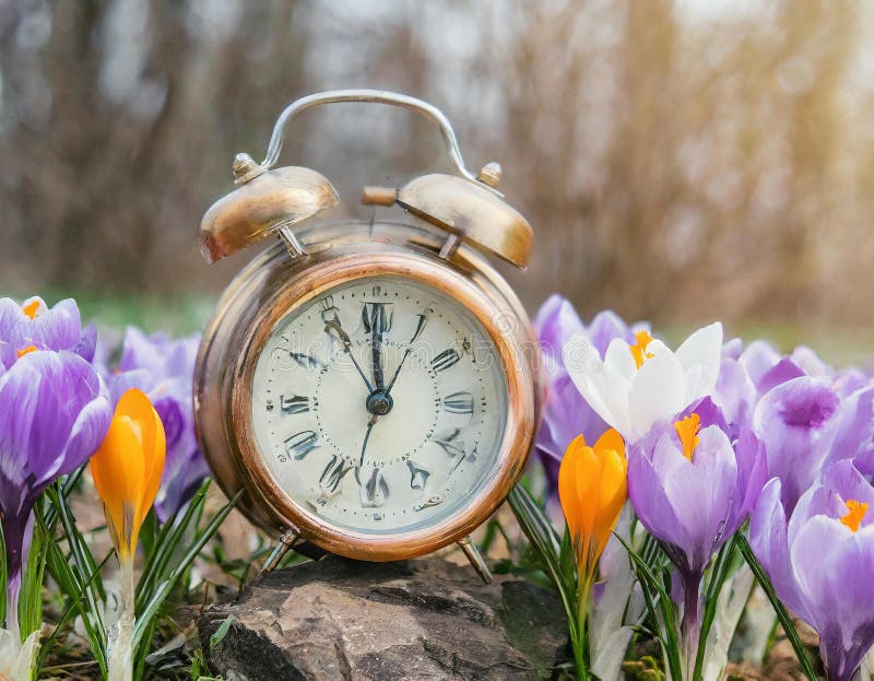 Alarm Clock among Blooming Crocuses, Spring Forward Concept. Spring ...