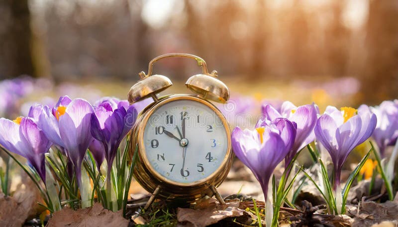 Alarm Clock among Blooming Crocuses, Spring Forward Concept. Spring ...