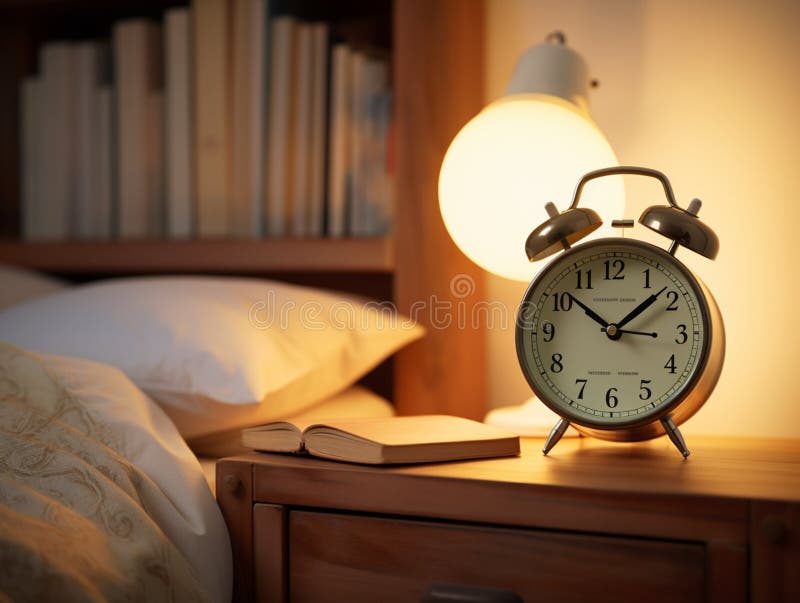 Alarm Clock and Book on Bedside Table in Bedroom Working Late Night, Ai ...