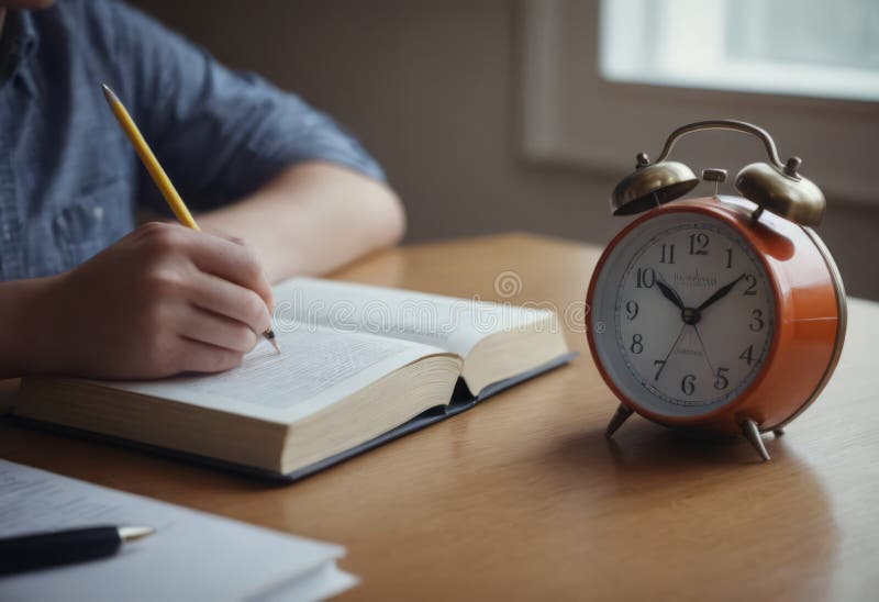 Alarm Clock with Books on the Table of a Student Doing Homework at Home ...