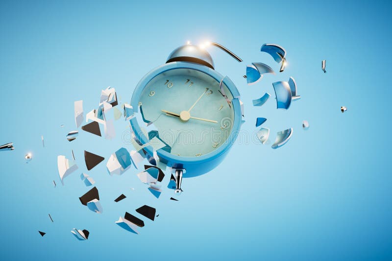 Alarm Clock Breaking into Pieces on a Blue Background. 3D Render Stock ...