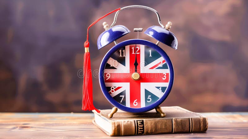 Alarm Clock with British Flag on Book with Copy Space, Summer English ...