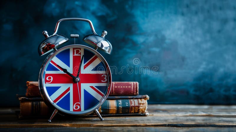 Alarm Clock with British Flag and Book with Copy Space, Summer English ...