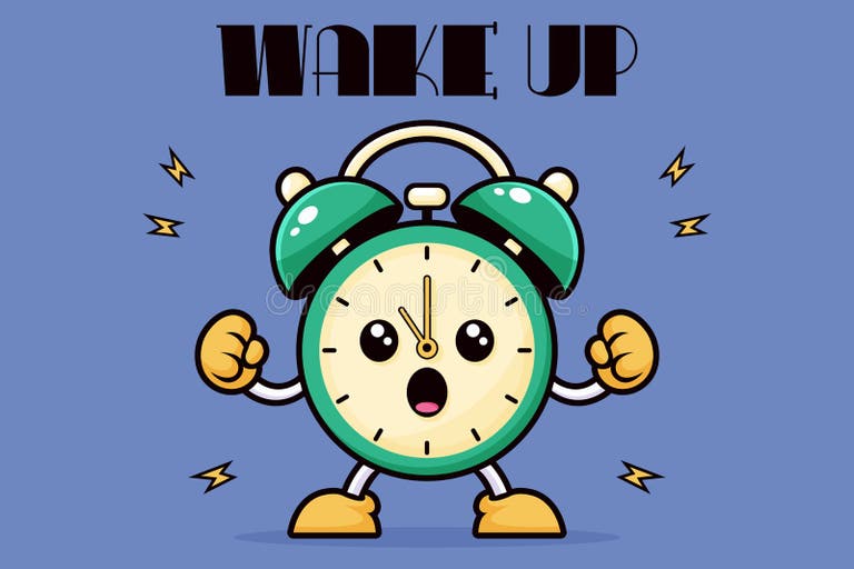 Alarm Clock Character Flat Vector Illustration with Wake Up Text and ...