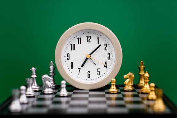 Clock on Chess Table Time Strategy Plan Work with Time Green Backdrop ...