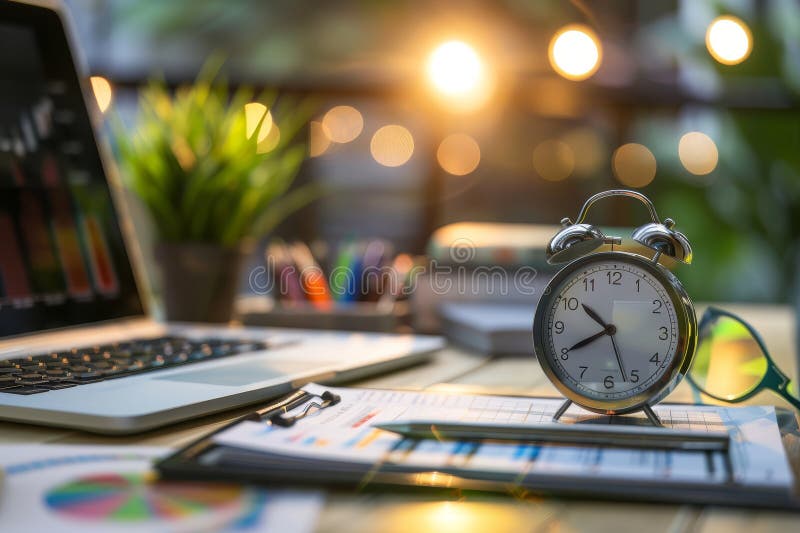Alarm Clock on a Cluttered Workspace with Laptop and Documents, Sunny ...