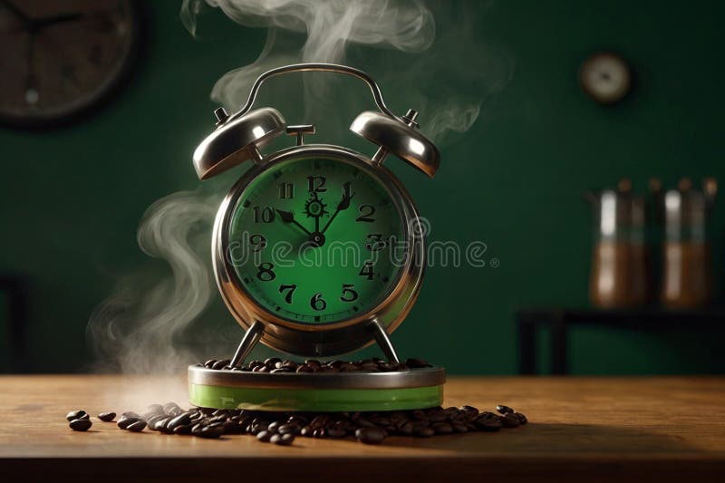 Alarm Clock and Coffee Beans on Wooden Table in Cafe Stock Illustration ...