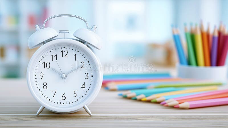 Alarm Clock and Colorful Pencils on the Table in the Classroom Stock ...