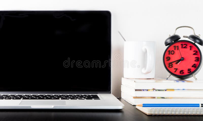 Alarm Clock with Computer on Table Stock Image - Image of back, time ...