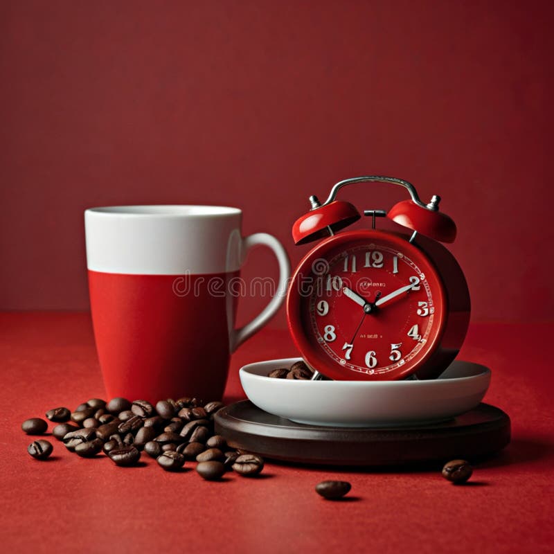Alarm Clock and a Cup of Coffee on a Red Background Stock Illustration ...