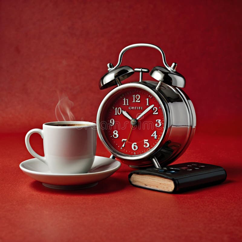 Alarm Clock and a Cup of Coffee on a Red Background Stock Illustration ...