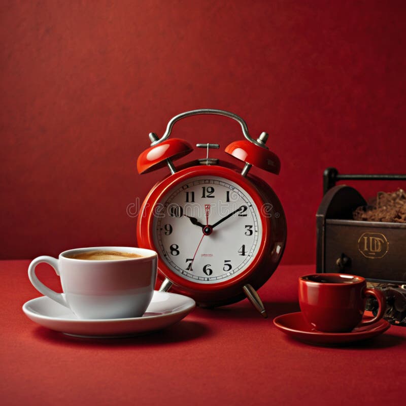 Alarm Clock and a Cup of Coffee on a Red Background Stock Illustration ...