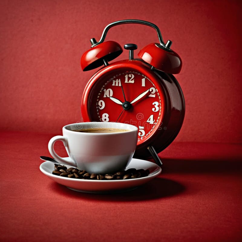 Alarm Clock and a Cup of Coffee on a Red Background Stock Illustration ...