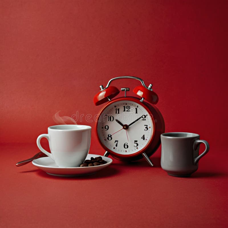 Alarm Clock and a Cup of Coffee on a Red Background Stock Illustration ...
